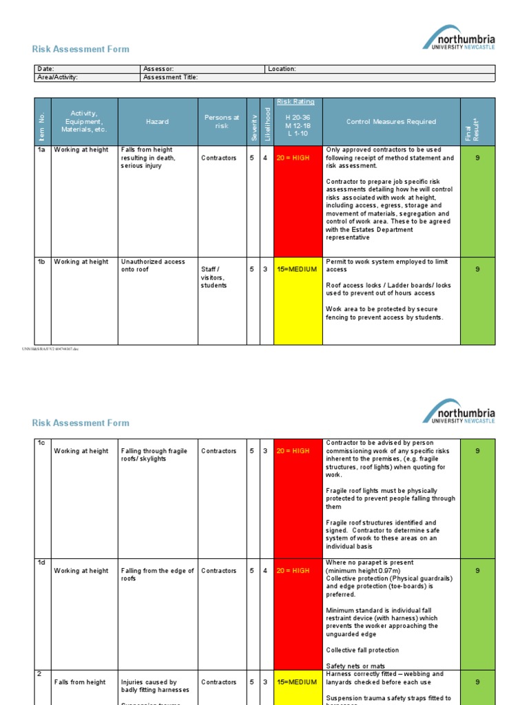 Example RA Working at Height Risk Assessment | PDF | Scaffolding | Risk
