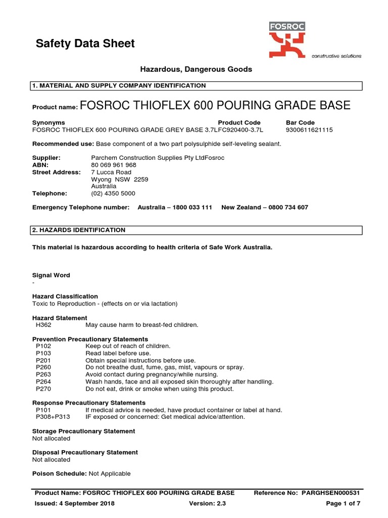 Fosroc Thioflex 600 Pouring Grade Base: Safety Data Sheet | PDF | Dangerous Goods | Toxicity