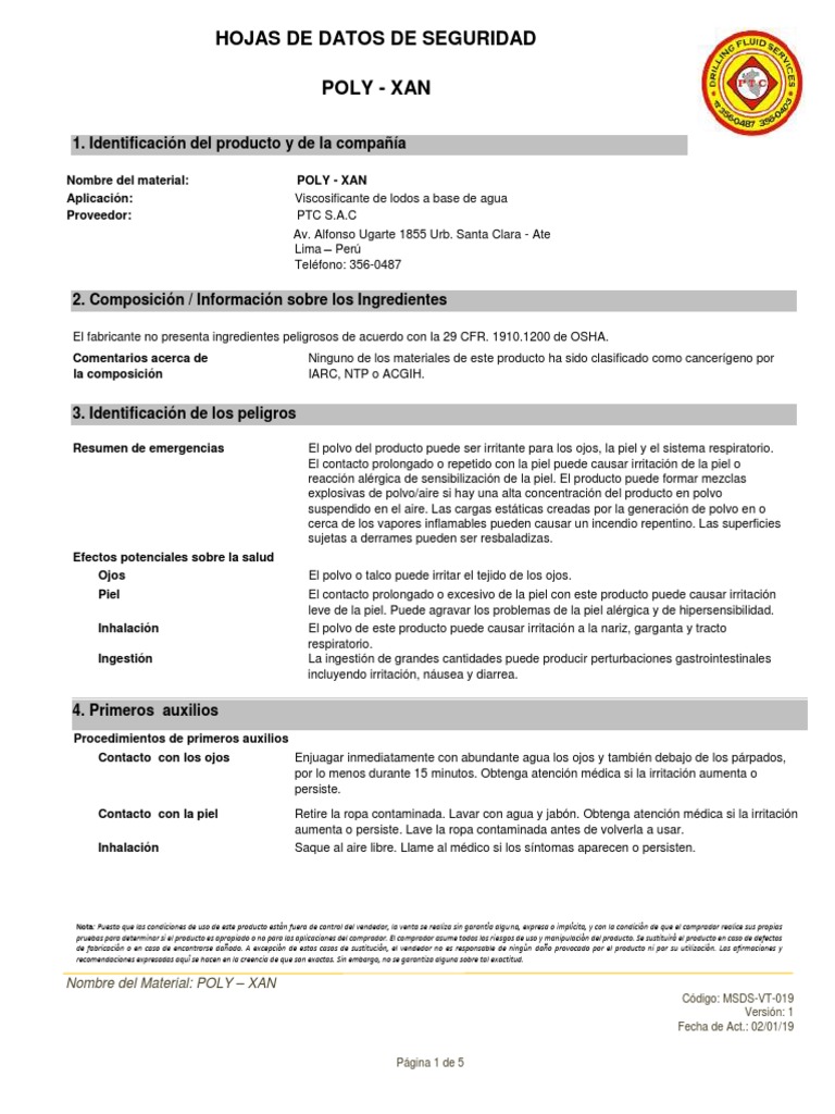 Hoja de Seguridad POLY-XAN MSDS-VT-019 | PDF | Administración de ...