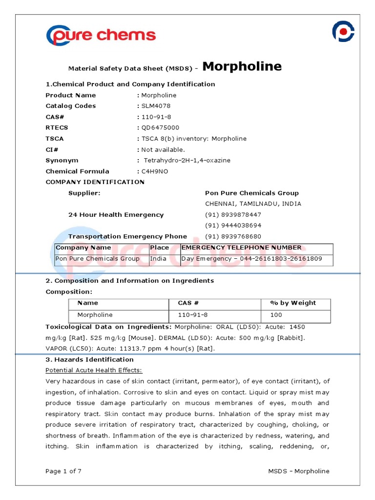Morpholine MSDS | PDF | Toxicity | Water