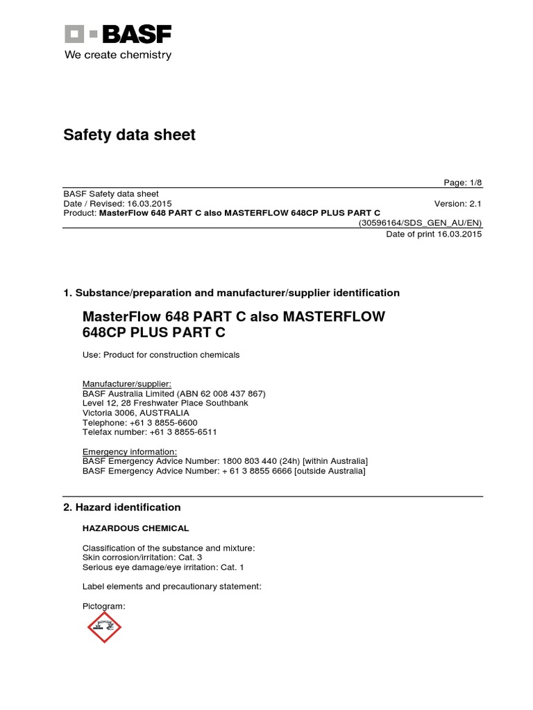 Safety Data Sheet: Masterflow 648 Part C Also Masterflow 648Cp Plus ...
