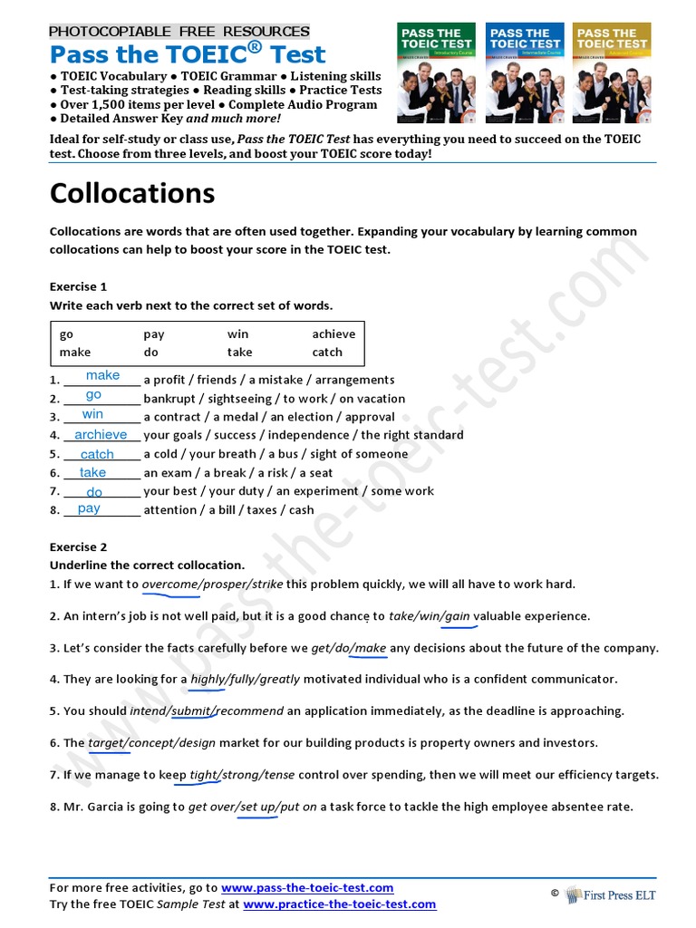 Collocations: Pass The TOEIC Test | PDF | Cognition