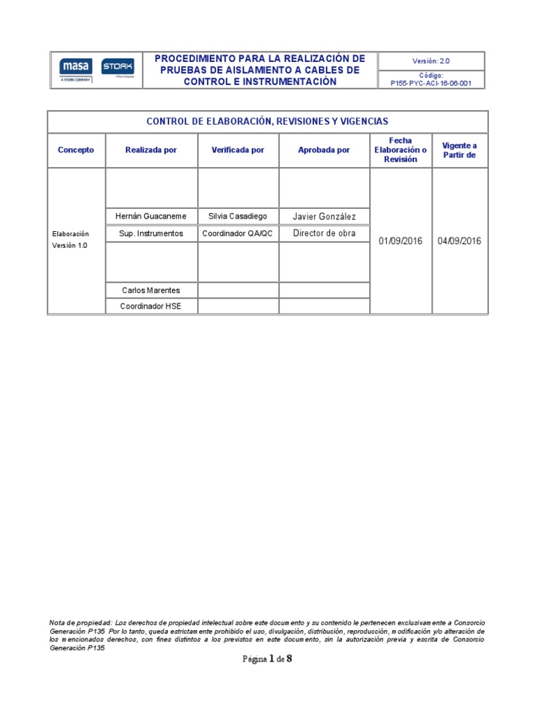 Procedimiento Pruebas de Aislamiento A Cables | PDF | Aislador (Electricidad) | Corriente eléctrica