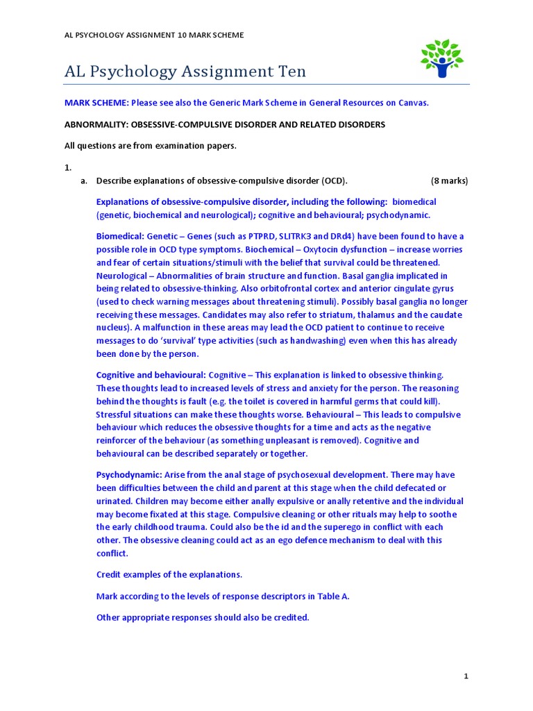 Assignment 10 Mark Scheme | PDF | Obsessive–Compulsive Disorder ...