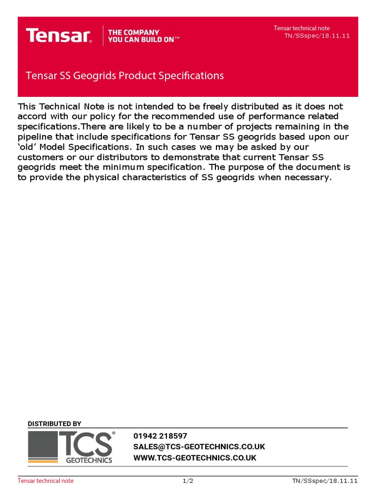 Tensar SS Geogrids Product Specifications: Sales@Tcs-Geotechnics - Co ...