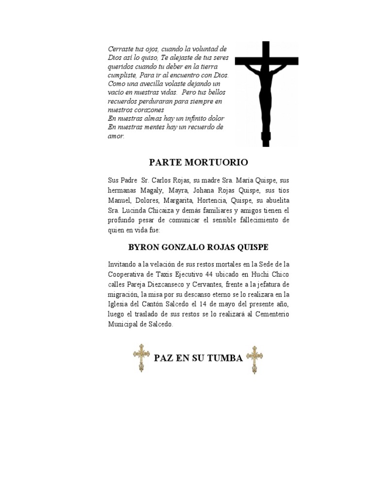 Parte Mortuorio de Byron Rojas Quispe | PDF
