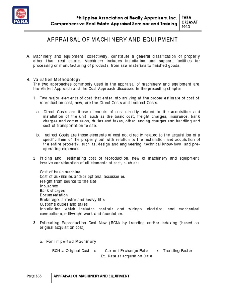 Appraisal of Machinery and Equipment | PDF | Real Estate Appraisal ...