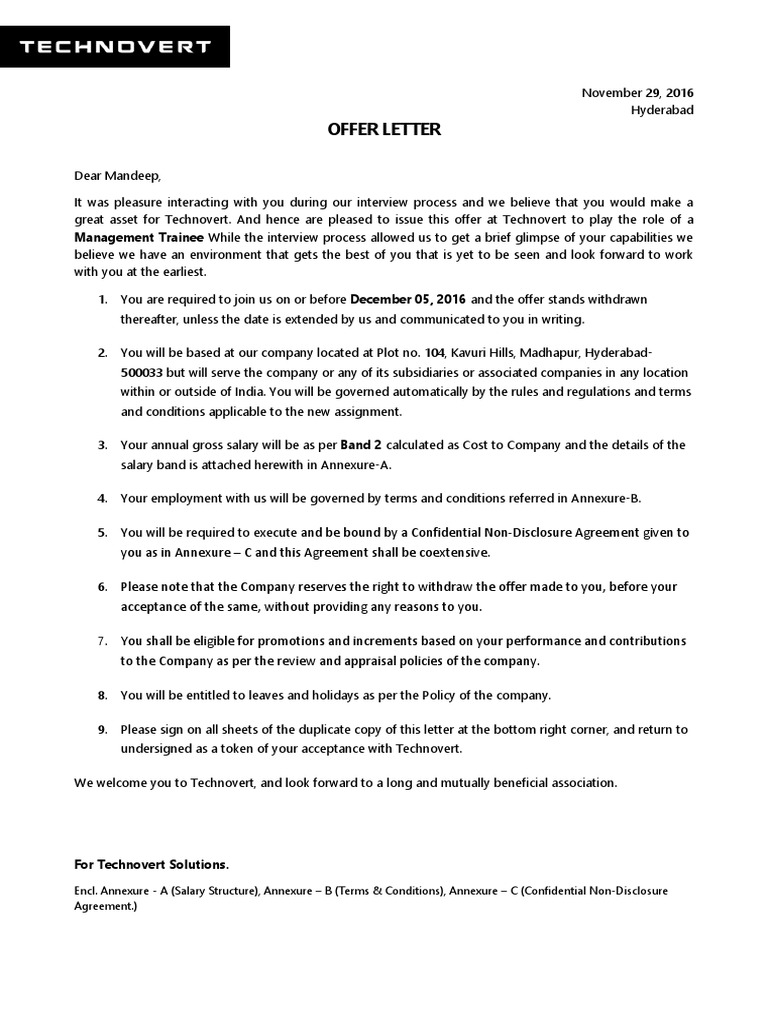 Technovert Management Trainee Offer Letter | PDF | Assignment (Law ...