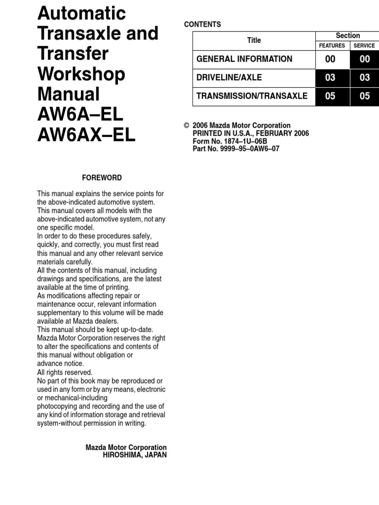 Automatic Transaxle and Transfer Workshop Manual Aw6A-El Aw6Ax-El | PDF ...