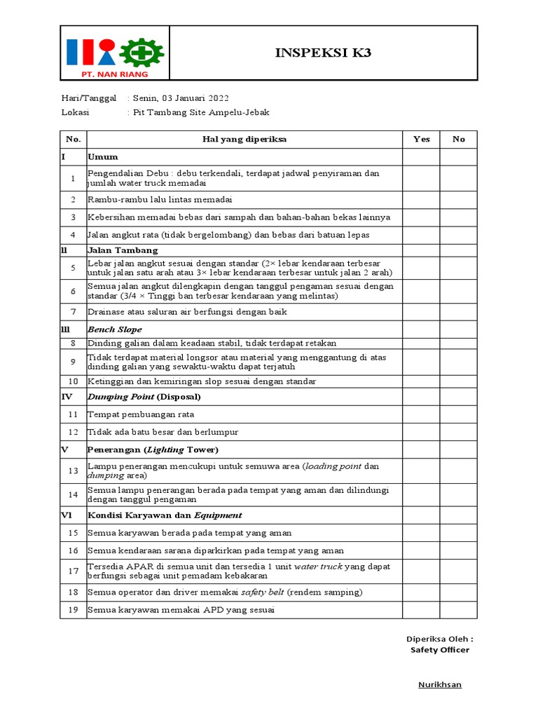 Inspeksi K3 PT NR | PDF