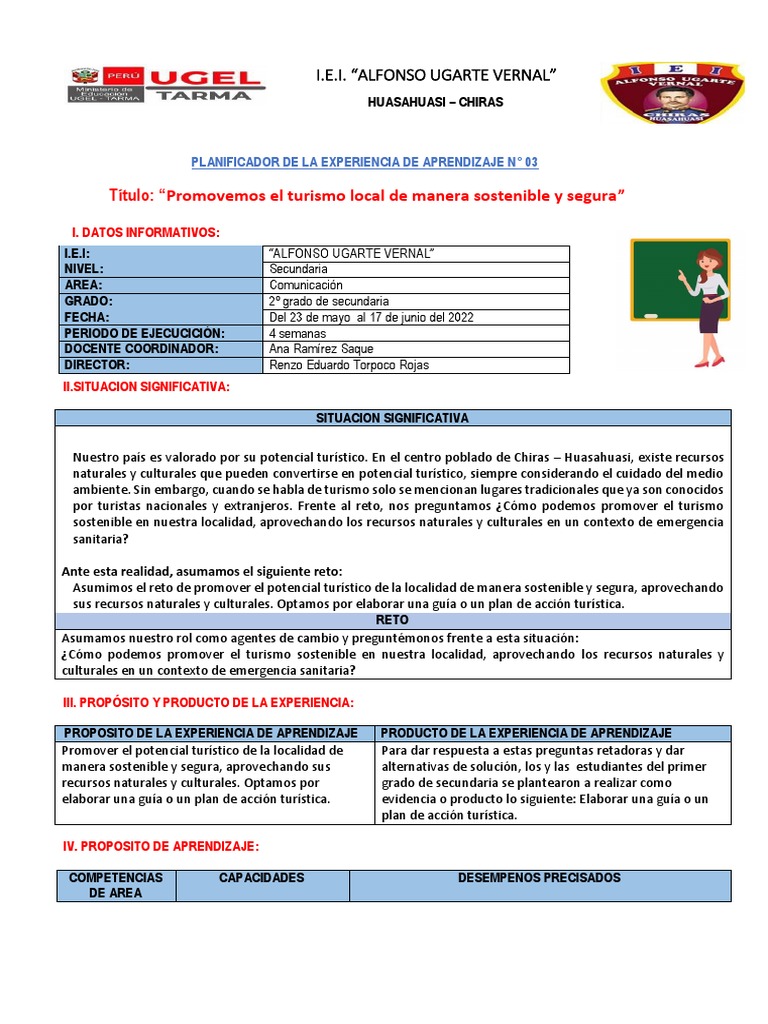 Planificador de La Experiencia de Aprendizaje N 3 - 2º - Chiras | PDF | Aprendizaje | Turismo