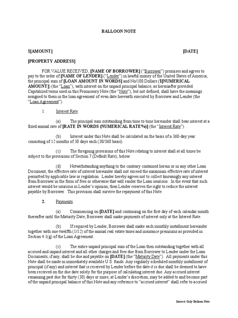 Promissory Note Fixed Interest Only Balloon | PDF | Loans | Interest