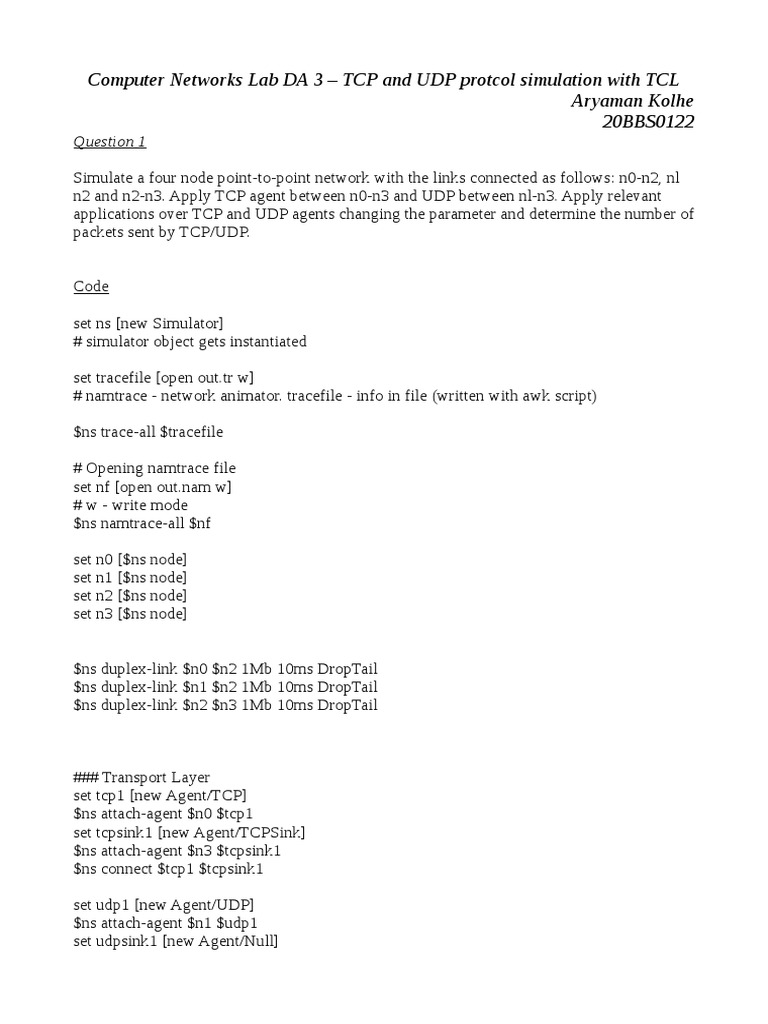 Computer Networks Lab DA 3 - TCP and UDP Protcol Simulation With TCL Aryaman Kolhe 20BBS0122 ...