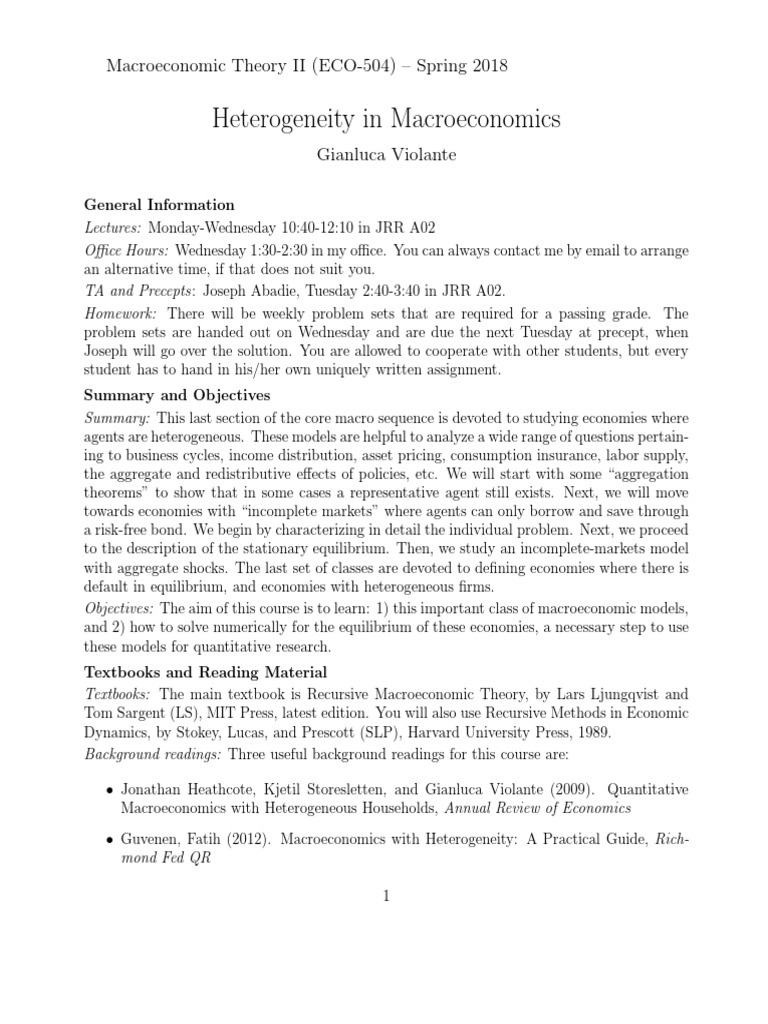 Heterogeneity in Macroeconomics: Macroeconomic Theory II (ECO-504 ...
