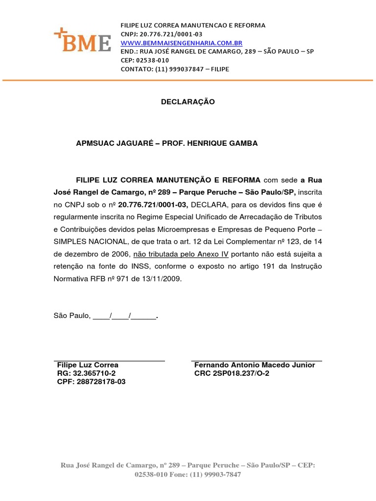 Declaração para Isenção de Retenção Do INSS (Anexo III) - 5 | PDF Declaração para Isenção de Retenção Do INSS (Anexo III) - 5 | PDF