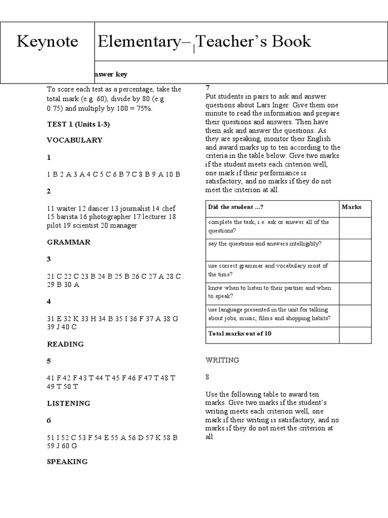 Keynote Elementary Tests Answer Key | PDF | Vocabulary | Application ...