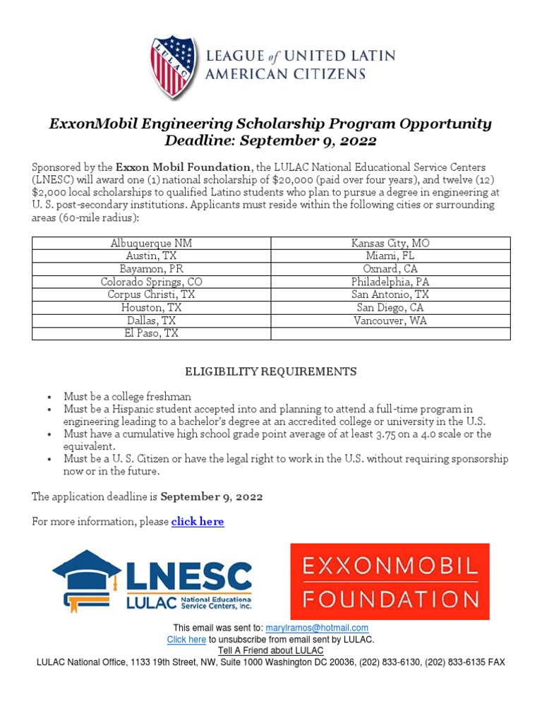 LULAC - ExxonMobil Engineering Scholarship Program Opportunity | PDF