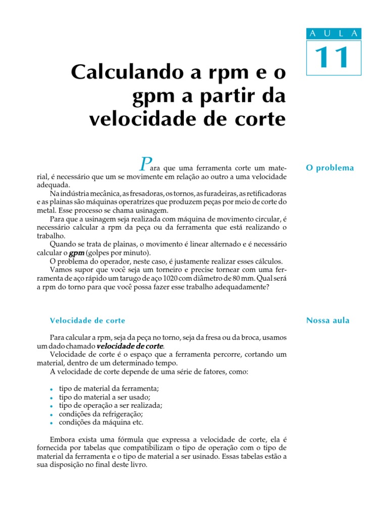 Apostila 11 Calculando A RPM e o GPM A Partir Da Velocidade de Corte ...