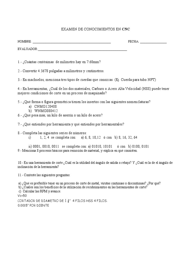 EXAMEN CNC | PDF | Herramientas | Bienes manufacturados