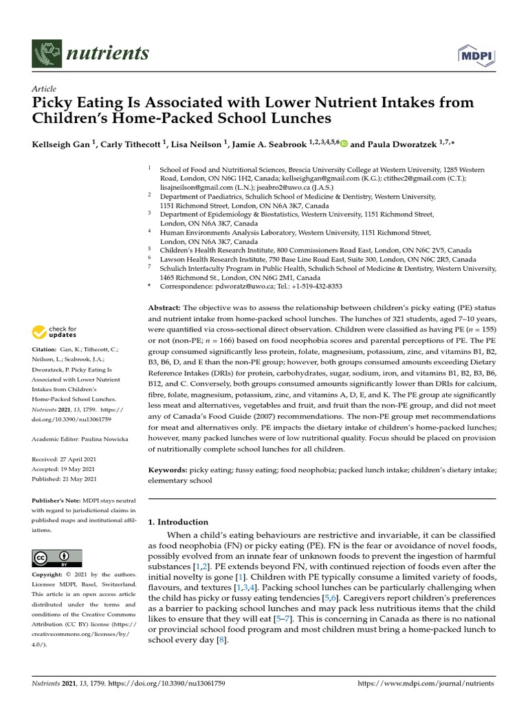 Nutrients: Picky Eating Is Associated With Lower Nutrient Intakes From ...