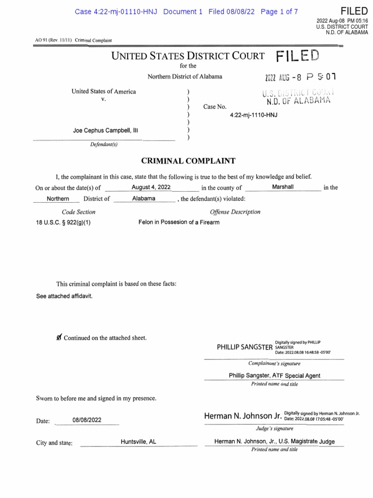 Joe Campbell Federal Complaint | PDF | Bureau Of Alcohol | Special Agent