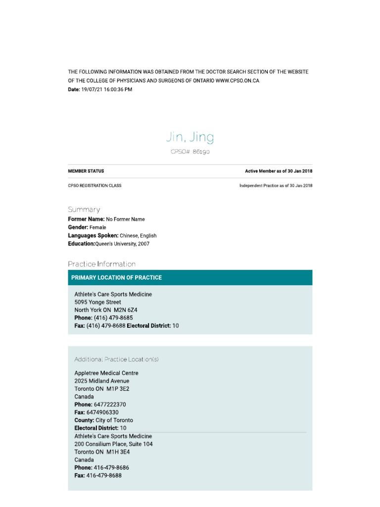 CPSO - Doctor Details Print | PDF