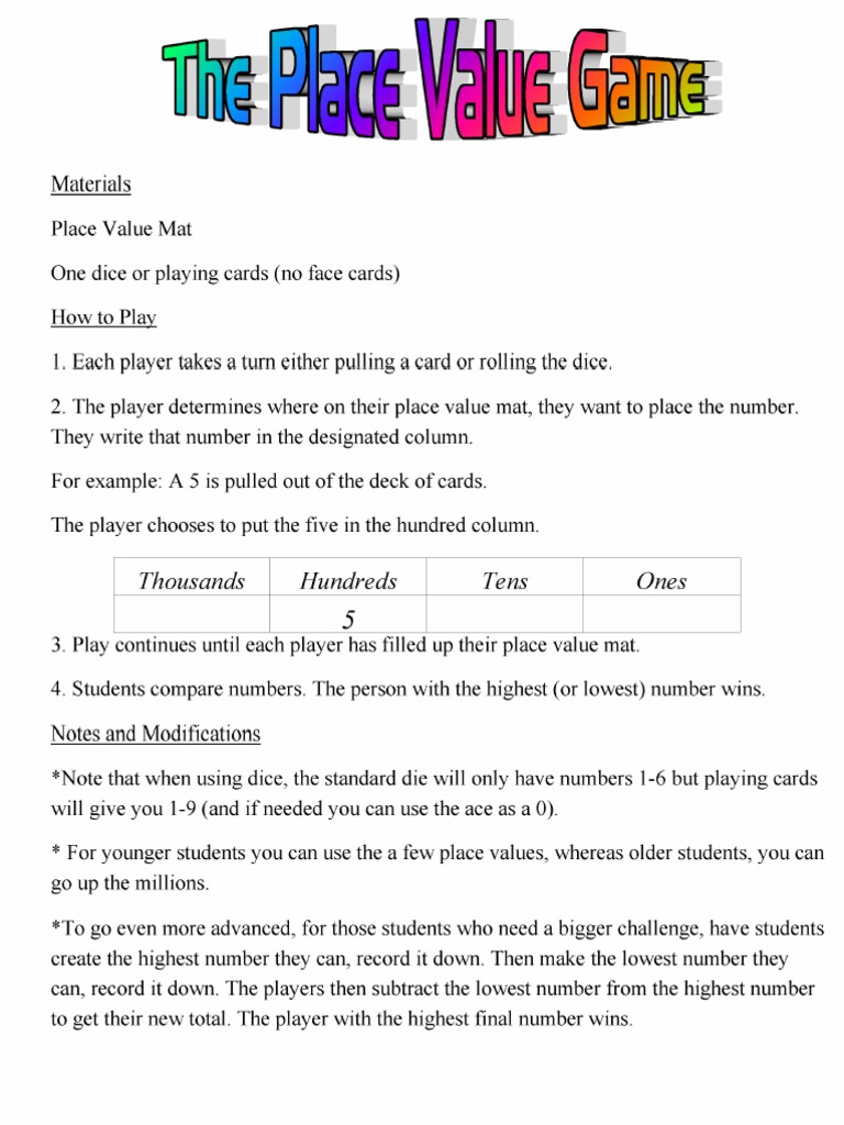 Math Place Value Game PDF | PDF