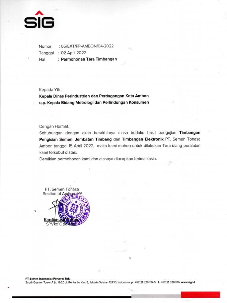 Surat Permohonan Tera Timbangan PT. Semen Tonasa | PDF