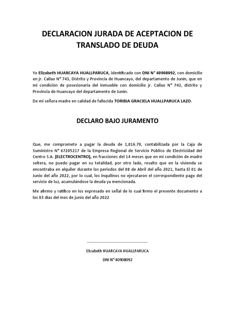 Declaracion Jurada de Aceptacion de Translado de Deuda | PDF