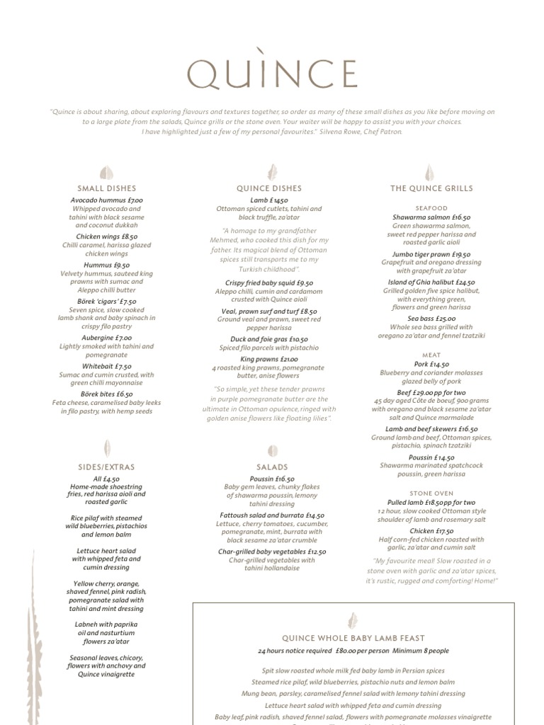 Quince Restaurant Menu Highlights | PDF | Salad | Middle Eastern Cuisine