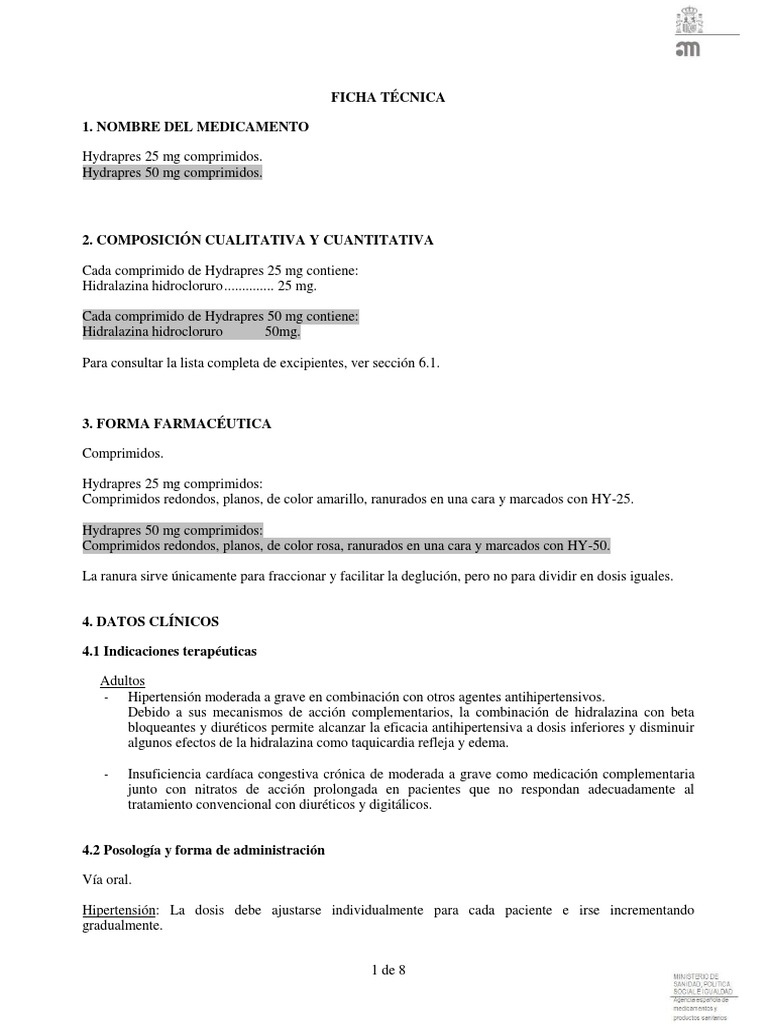 Hydrapres: Uso y Dosificación en Hipertensión | PDF | Especialidades ...