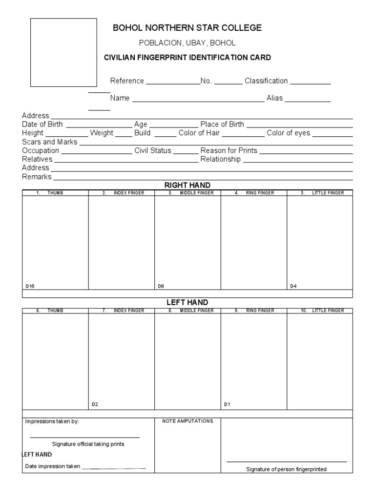 Bohol Northern Star College: Civilian Fingerprint Identification Card | PDF