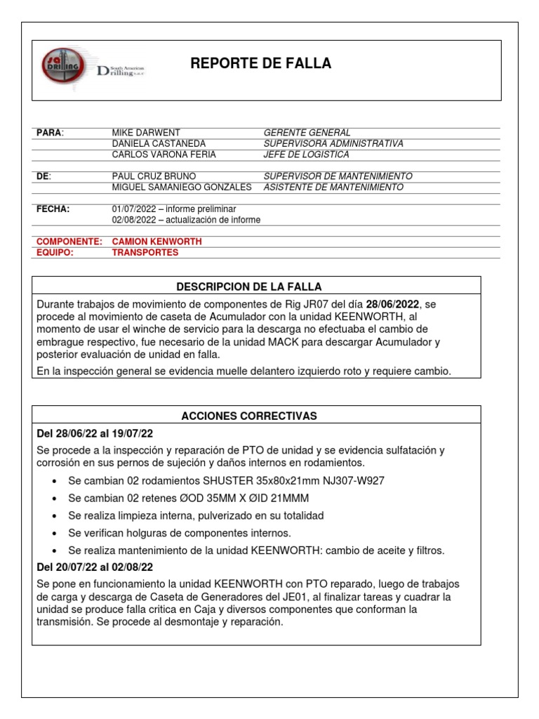Reporte de falla y reparación crítica de camión Kenworth | PDF | Máquinas | Ingeniería mecánica