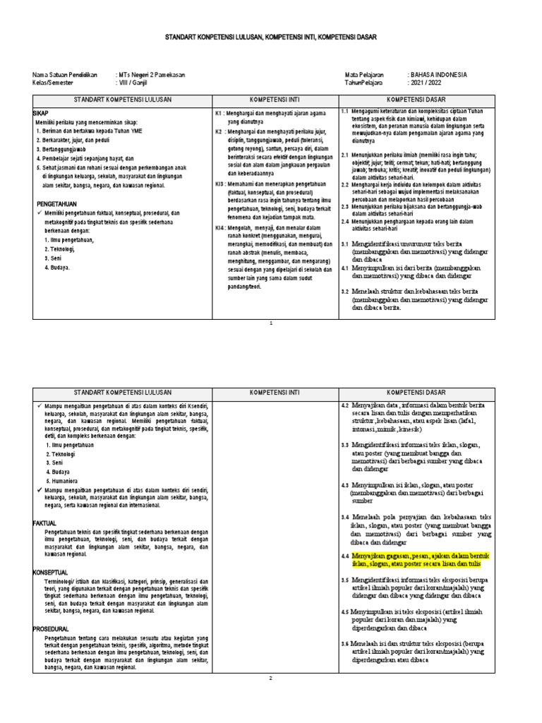 SKL, Ki, KD BHS Indo Viii Ganjil 2021 | PDF