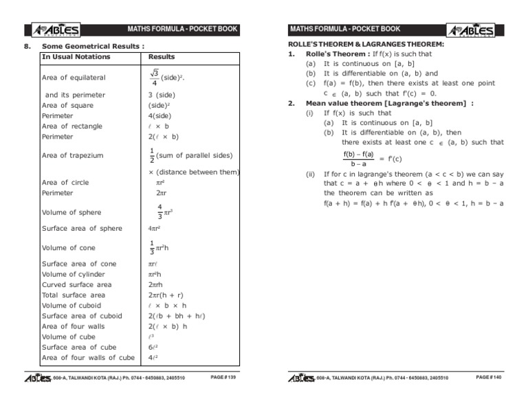 Maths Formula Pocket Book Maths Formula-Page70 | PDF | Area | Surface Area