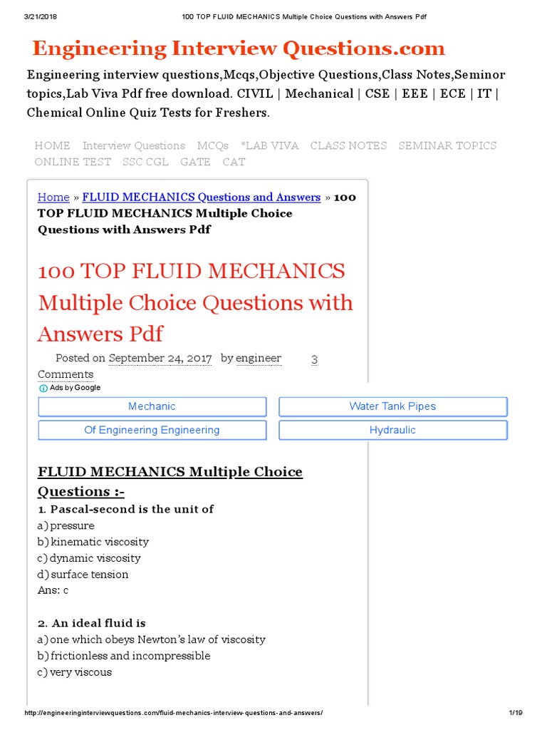 100 TOP FLUID MECHANICS Multiple Choice Questions With Answers PDF ...