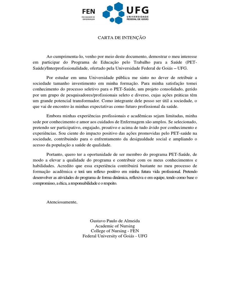CARTA DE INTENÇÃO PET-Saúde. | PDF
