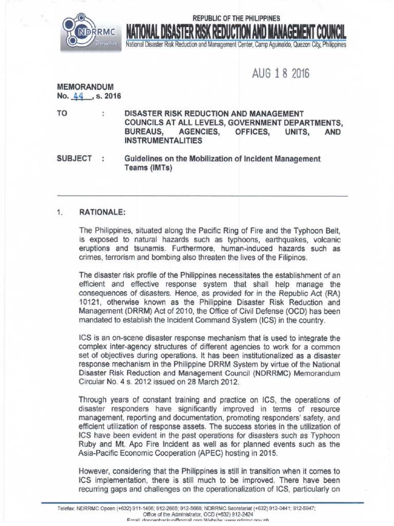 NDRRMC Memo Circular No 44 S 2016 Re Guildlines On The Mobilization On ...