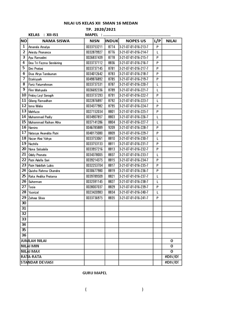 Form Nilai Us Kls Xii-Is THN 2020-2021 | PDF