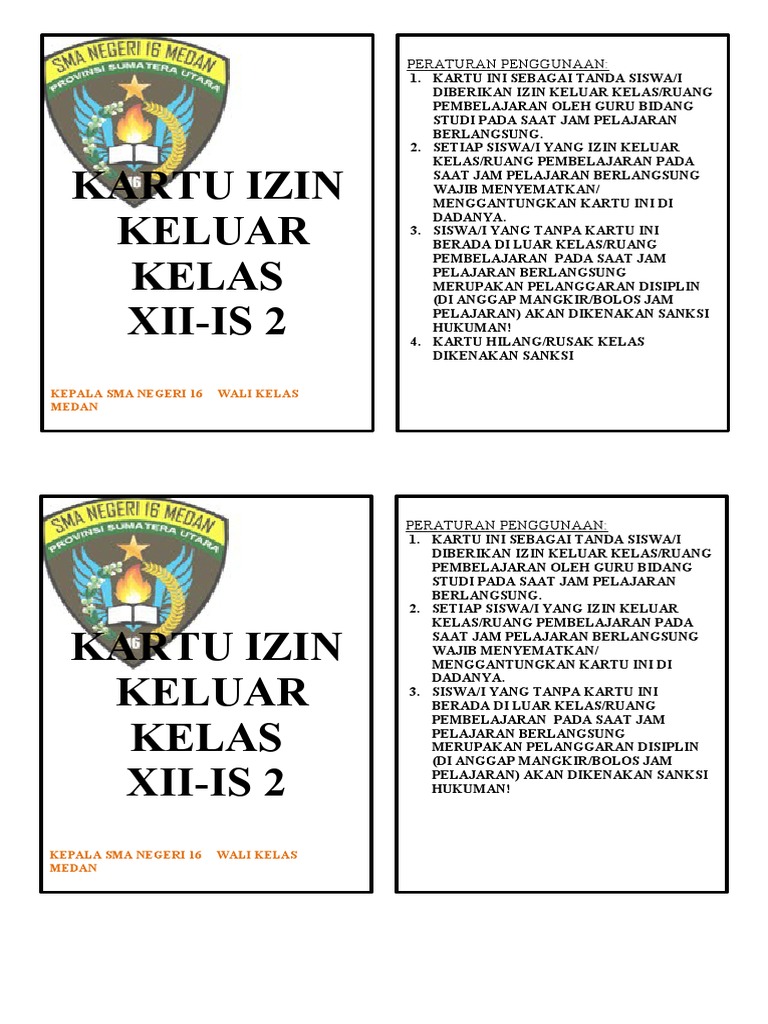 Kartu Izin Keluar Kelas | PDF