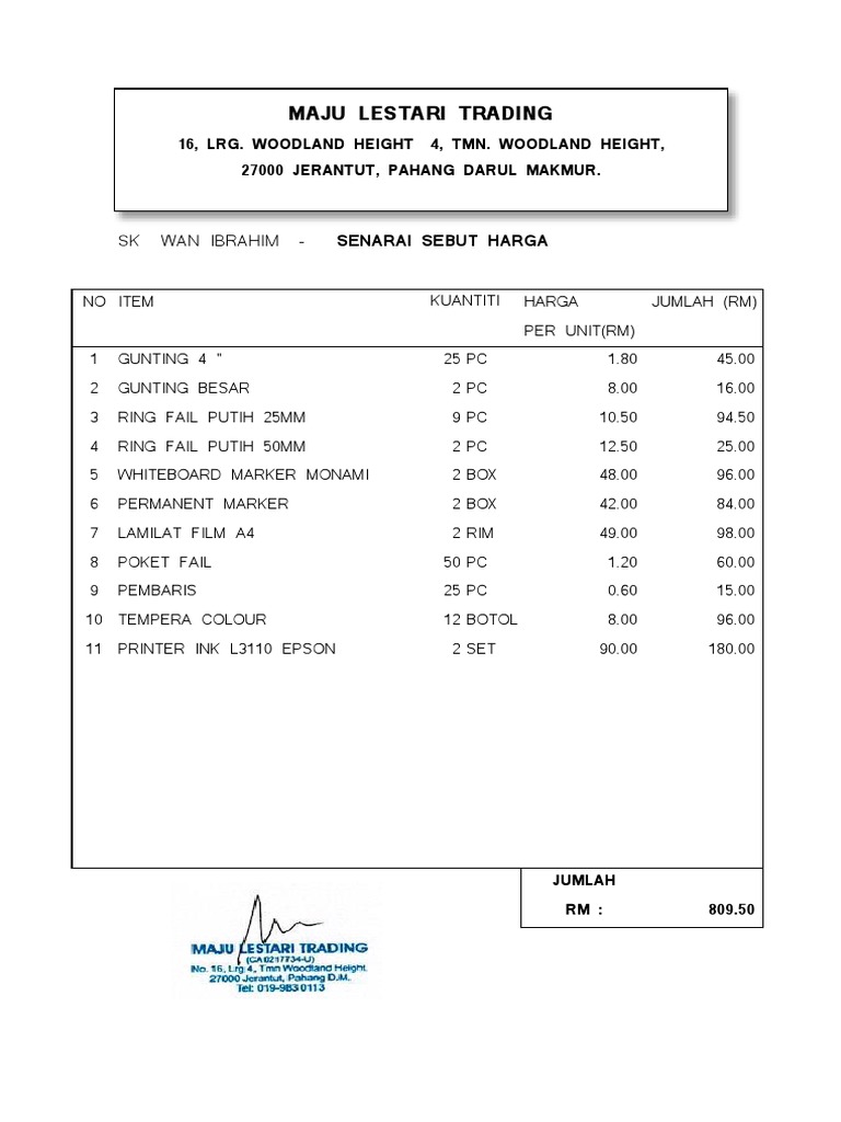 Maju Lestari Trading: SK Wan Ibrahim - Senarai Sebut Harga | PDF ...