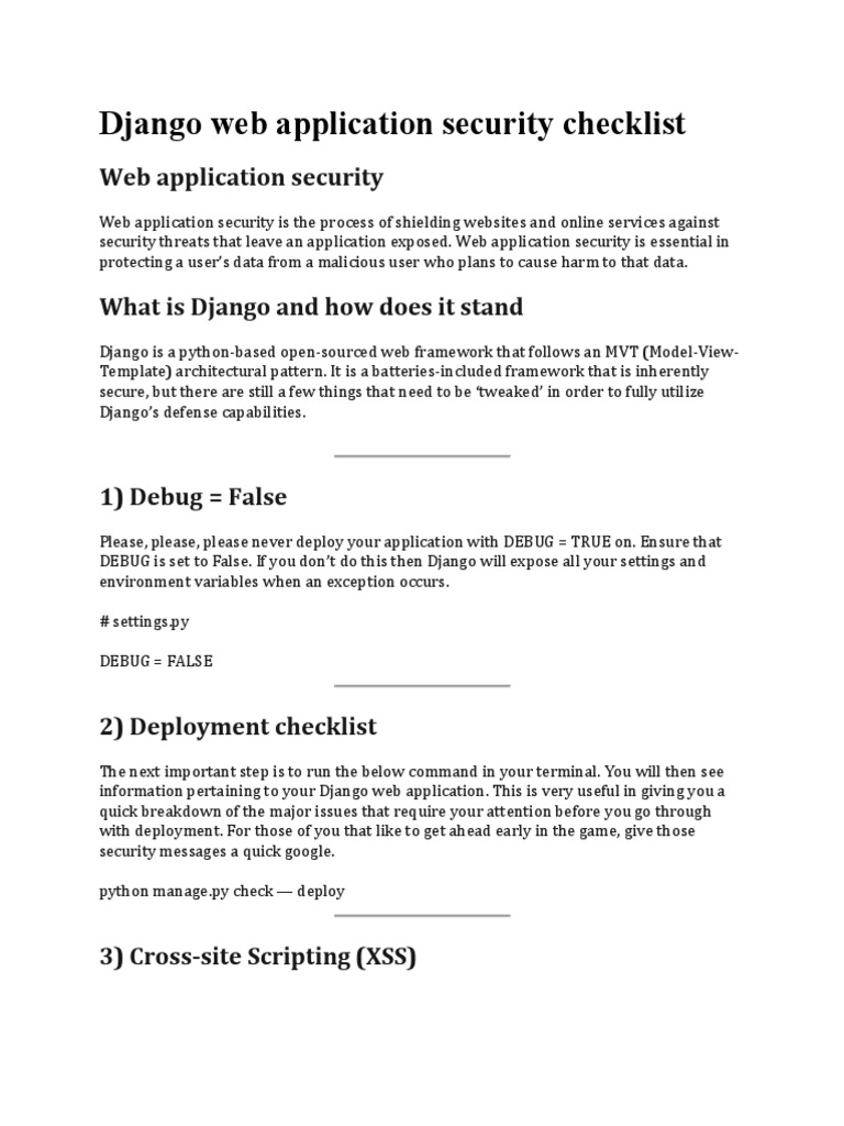 Django Web Application Security Checklist 2 Pdf Computing Computer Science