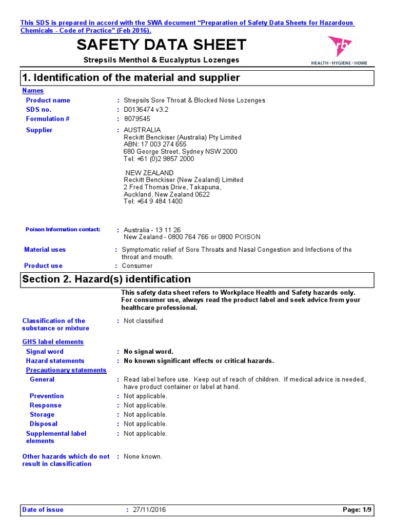 Strepsils Lozenges Sore Throat & Blocked Nose SDS | PDF | Dangerous ...