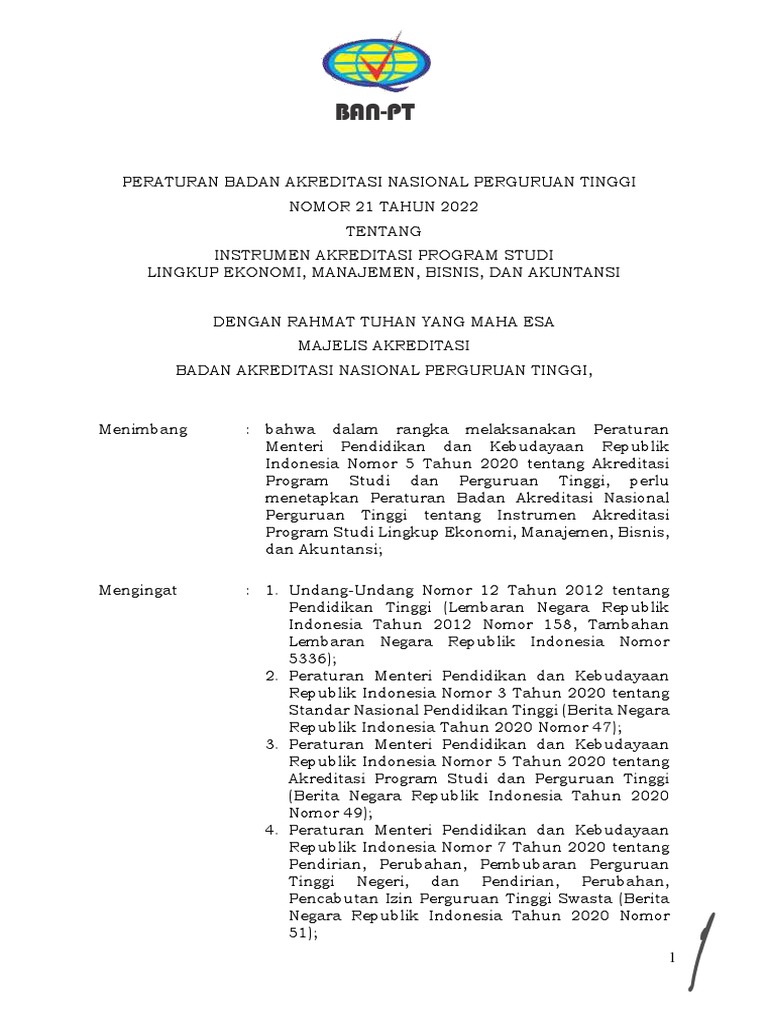Peraturan BAN PT Nomor 21 2022 Tentang IAPS EMBA | PDF | Karier ...