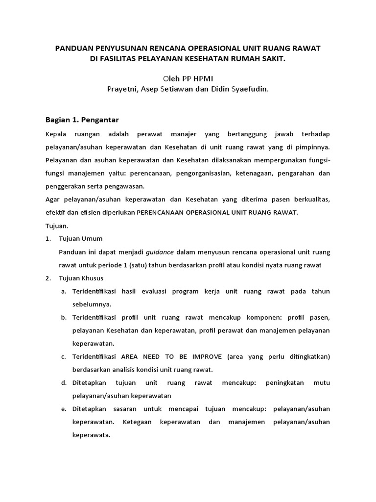 Panduan Penyusunan Rencana Operasional Unit Ruang Rawat Fix (2) B | PDF