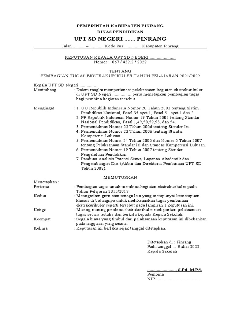 SK Surat Keputusan Pembagian Tugas Pembina Ekstrakurikuler | PDF