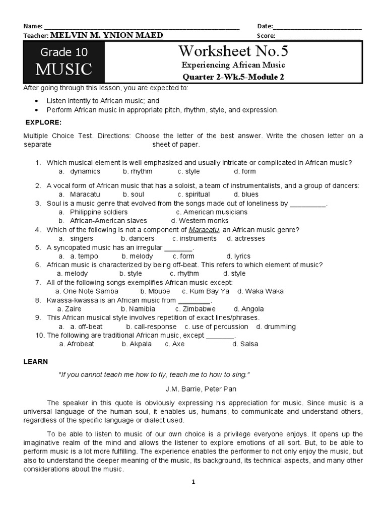 Music: Worksheet No.5 | PDF | Sound | Performing Arts