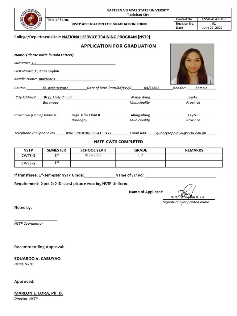 Application For Graduation: College/Department/Unit: NATIONAL SERVICE ...