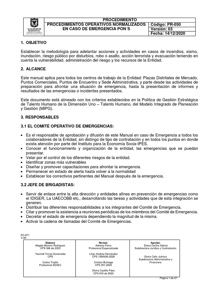 PR-050 Procedimientos Operativos Normalizados en Caso de Emergencia PONS V3 | PDF | Riesgo ...