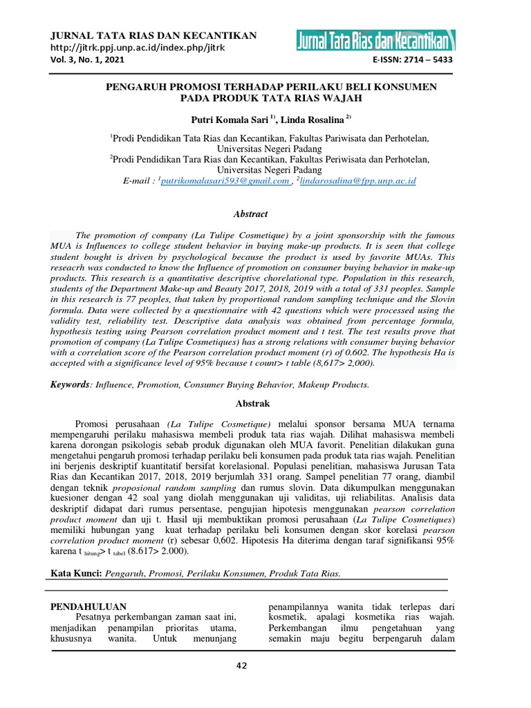 Jurnal Tata Rias Dan Kecantikan: Vol. 3, No. 1, 2021 E-ISSN: 2714 - 5433 | PDF | Statistik ...